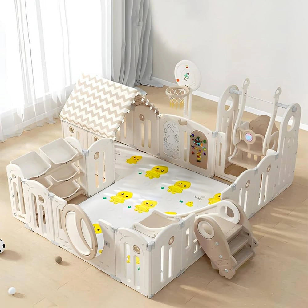 Foldable Playpen (160x200cm) + House + Swing + Slide + Shelves + Rug ...
